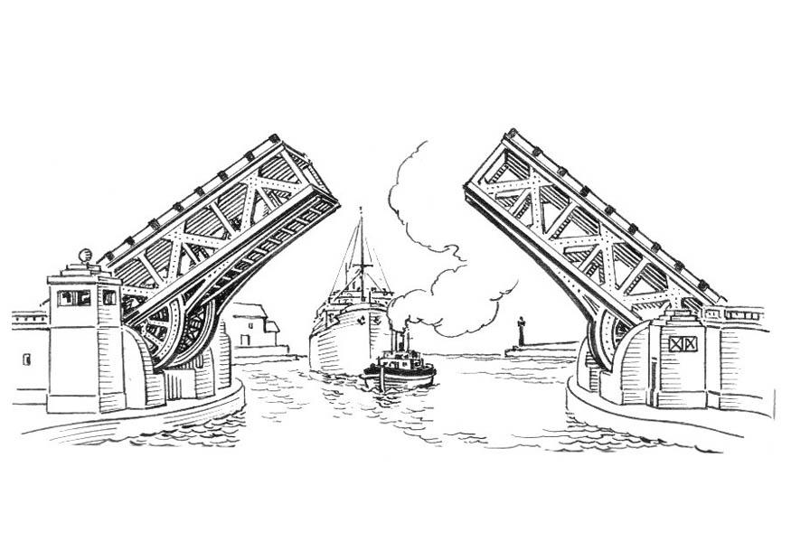 Kleurplaat van brug - wipbrug die omhoog is geklapt met een schip dat