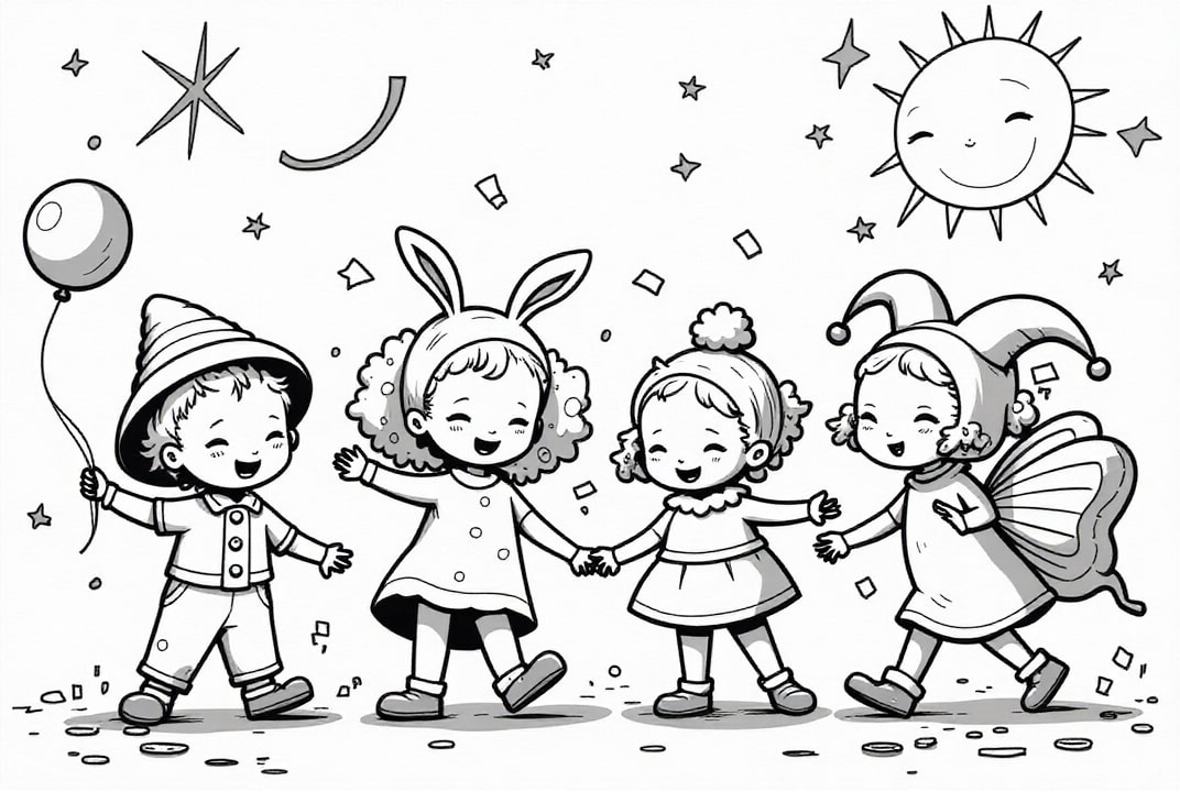 Kleurplaat van kleuters vieren carnaval die verkleed zijn met verschillende